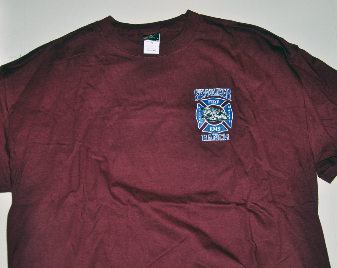 Skywalker Ranch Fire Department T Shirt maroon Star Wars Collectors Skywalker Ranch Fire Department T Shirt maroon Star Wars Collectors